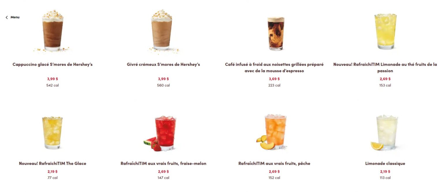 Tim Hortons Menu Québec
