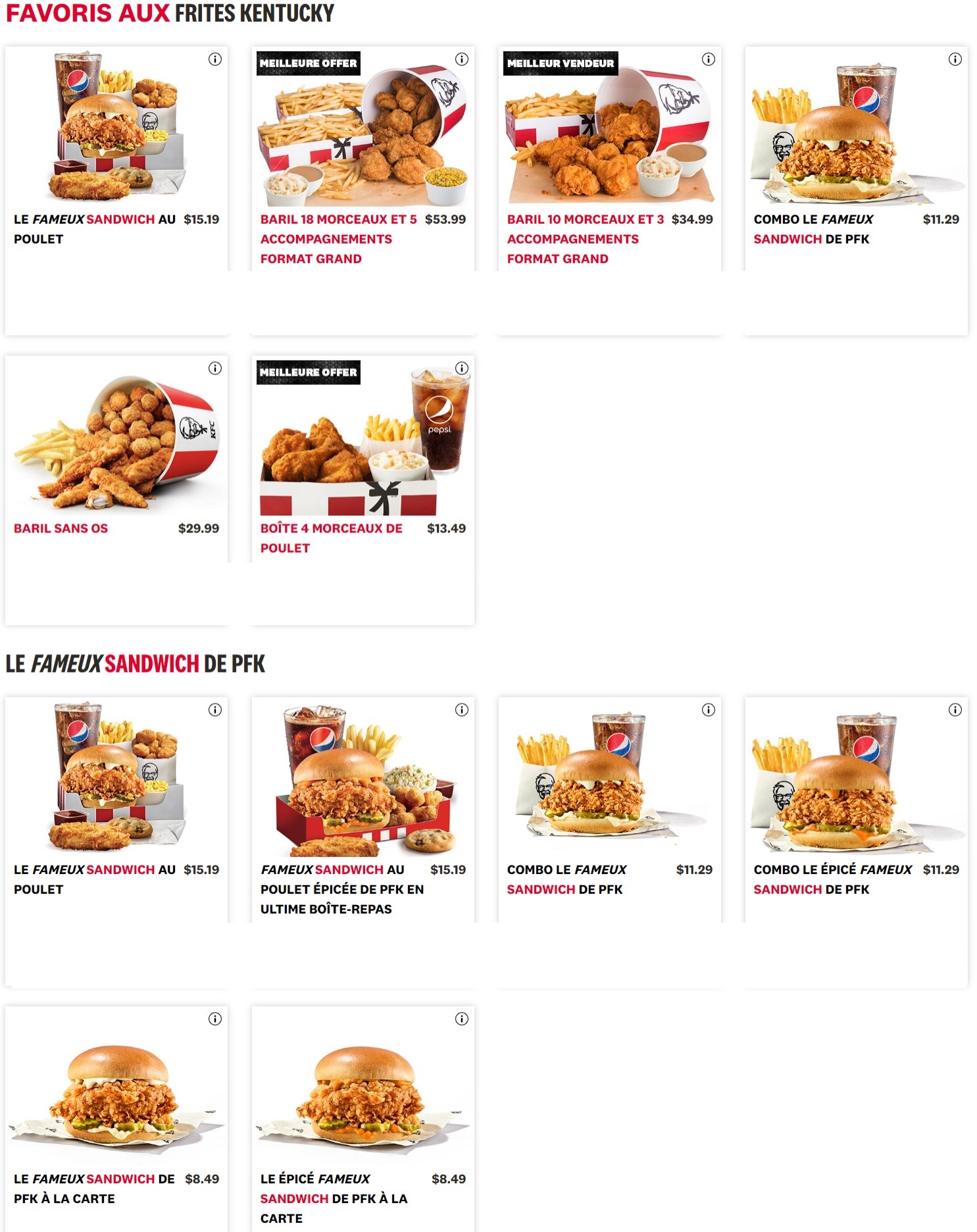 PFK Menu Prix Québec