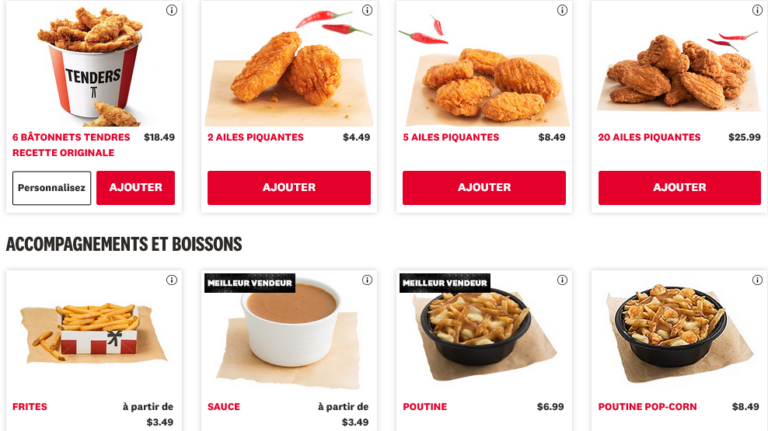 PFK Menu Prix Québec