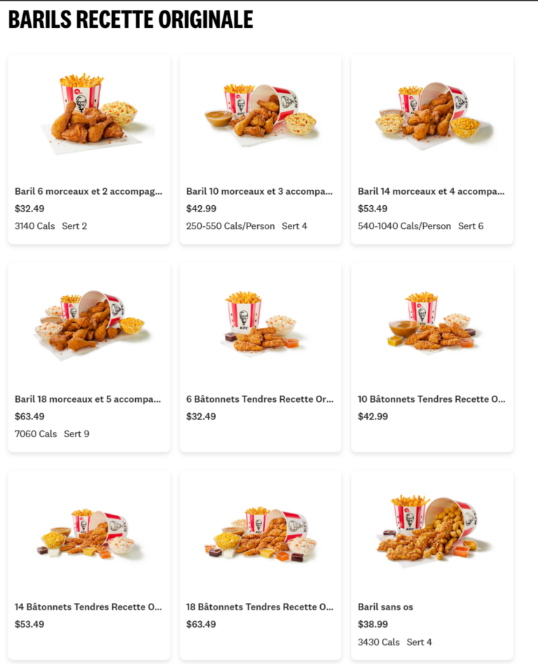 PFK Menu Prix Québec